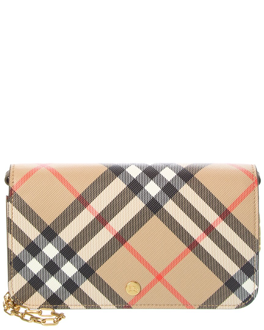 Burberry Check E-canvas & Leather Wallet On Chain In Brown | ModeSens