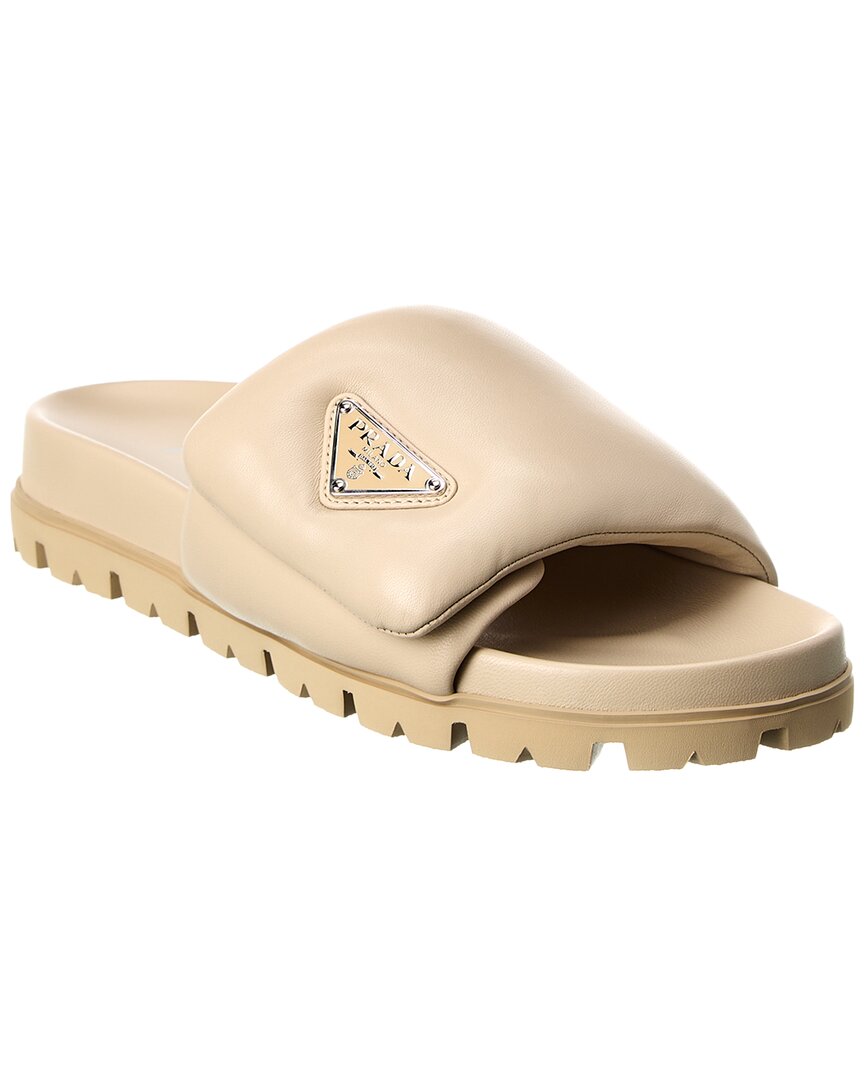 Prada Logo Leather Slide In Beige | ModeSens